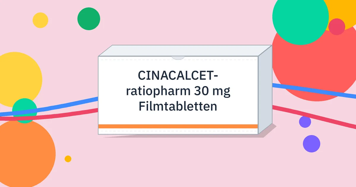 Symbolbild: Packung mit der Aufschrift CINACALCET-ratiopharm 30 mg Filmtabletten (PZN 16129919) – Verfügbarkeit und Bezug in Apotheken in Frankfurt am Main