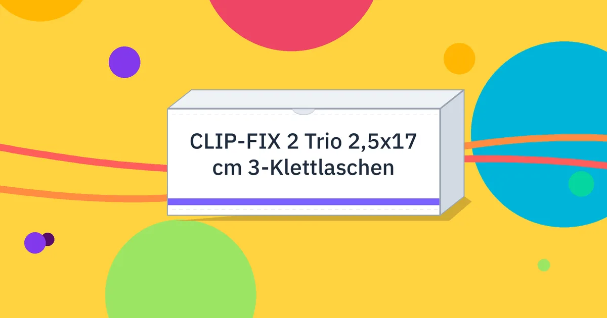 Symbolbild: Packung mit der Aufschrift CLIP-FIX 2 Trio 2,5x17 cm 3-Klettlaschen (PZN 18756218) – Verfügbarkeit und Bezug in Apotheken in Frankfurt am Main