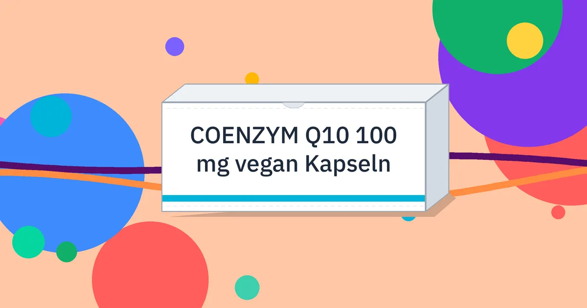 Symbolbild: Packung mit der Aufschrift COENZYM Q10 100 mg vegan Kapseln (PZN 19384316) – Verfügbarkeit und Bezug in Apotheken in Frankfurt am Main