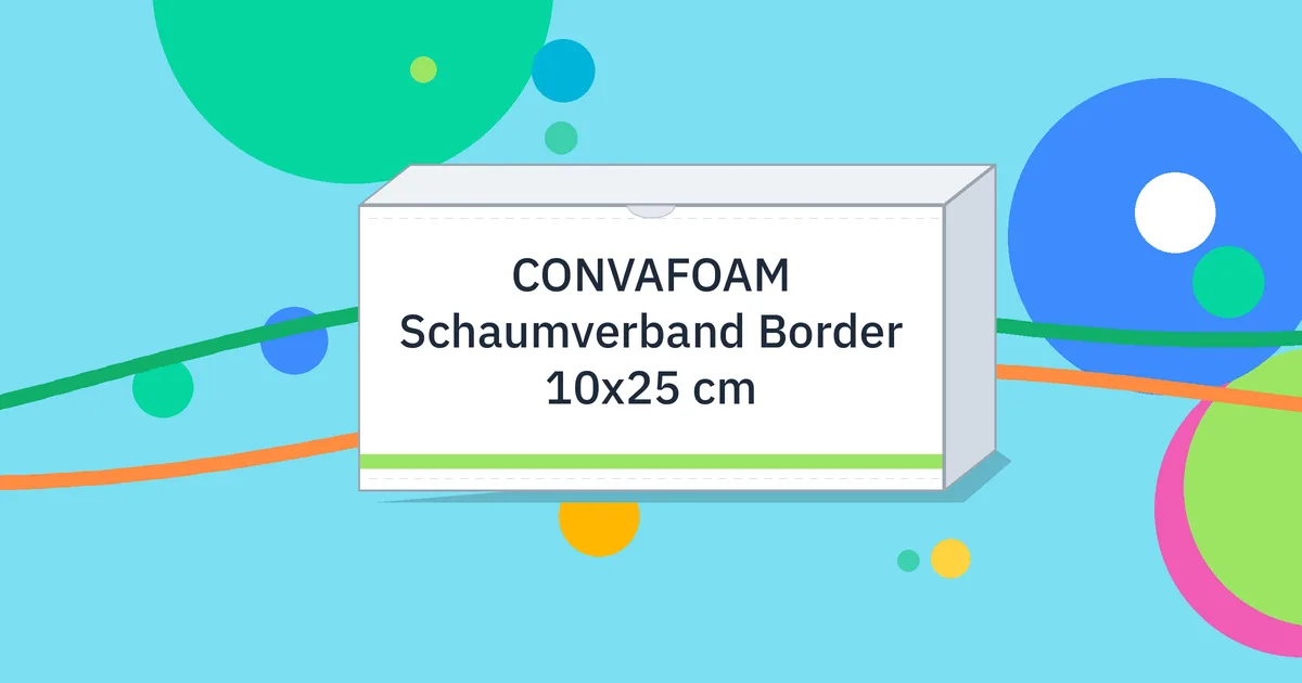 Symbolbild: Packung mit der Aufschrift CONVAFOAM Schaumverband Border 10x25 cm (PZN 17256459) – Verfügbarkeit und Bezug in Apotheken in Frankfurt am Main