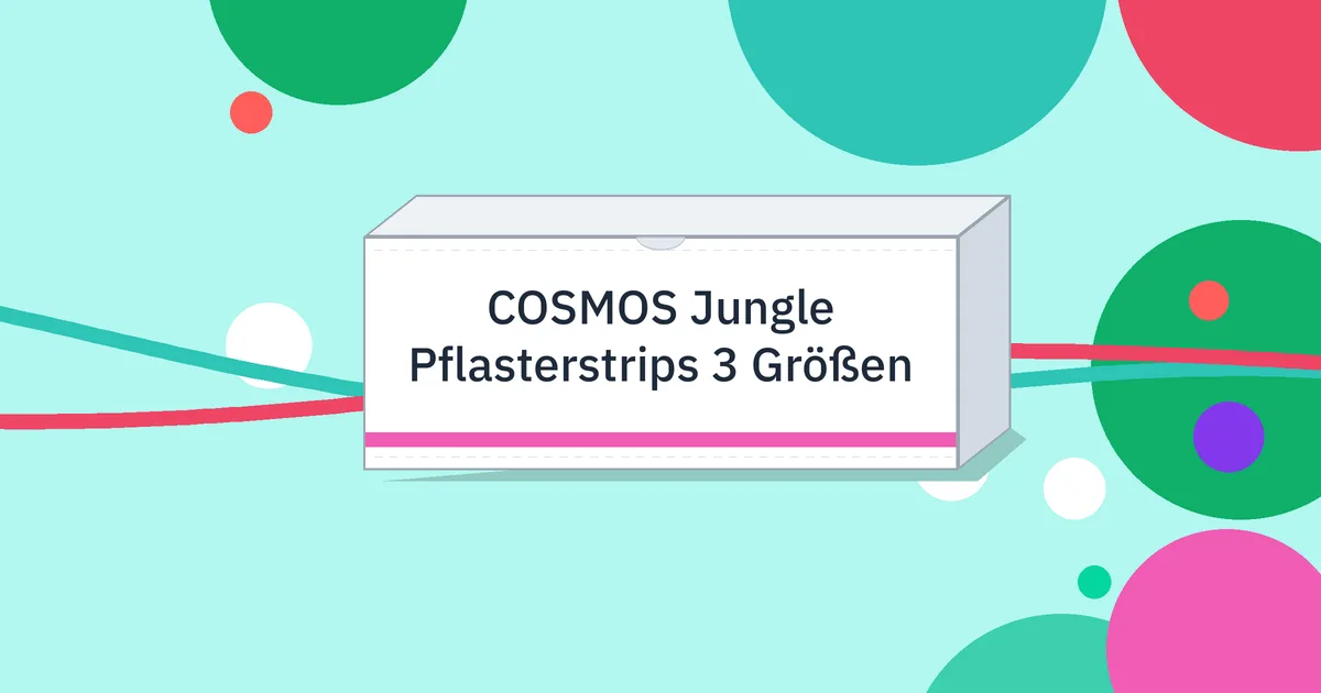 Symbolbild: Packung mit der Aufschrift COSMOS Jungle Pflasterstrips 3 Größen (PZN 20032427) – Verfügbarkeit und Bezug in Apotheken in Frankfurt am Main