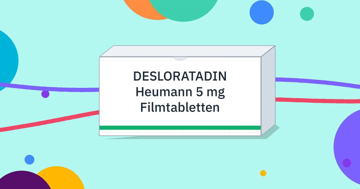 Symbolbild: Packung mit der Aufschrift DESLORATADIN Heumann 5 mg Filmtabletten (PZN 16938145) – Verfügbarkeit und Bezug in Apotheken in Frankfurt am Main
