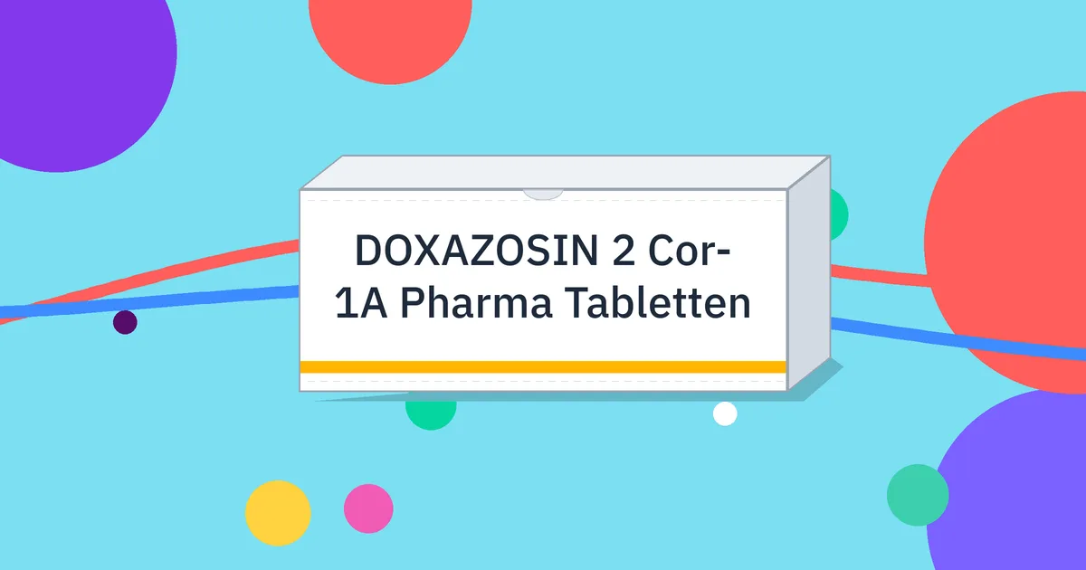 Symbolbild: Packung mit der Aufschrift DOXAZOSIN 2 Cor-1A Pharma Tabletten (PZN 02208756) – Verfügbarkeit und Bezug in Apotheken in Frankfurt am Main