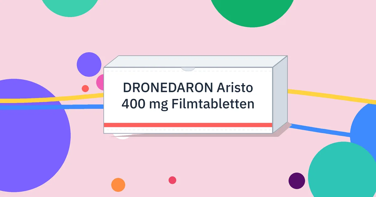 Symbolbild: Packung mit der Aufschrift DRONEDARON Aristo 400 mg Filmtabletten (PZN 20316722) – Verfügbarkeit und Bezug in Apotheken in Frankfurt am Main