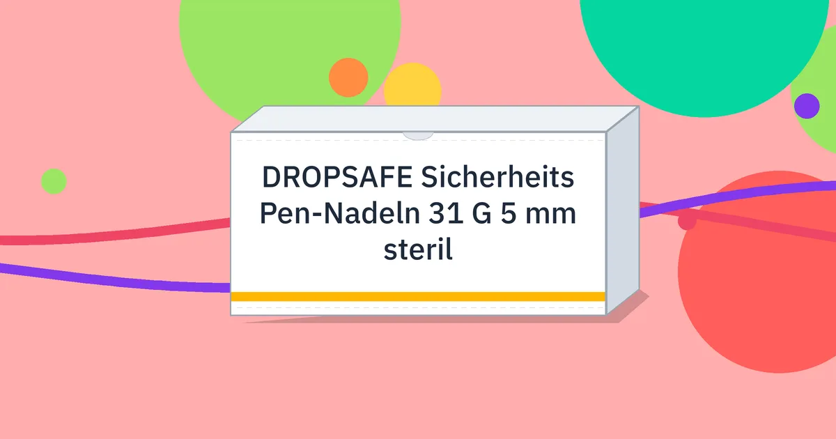 Symbolbild: Packung mit der Aufschrift DROPSAFE Sicherheits Pen-Nadeln 31 G 5 mm steril (PZN 20919538) – Verfügbarkeit und Bezug in Apotheken in Frankfurt am Main