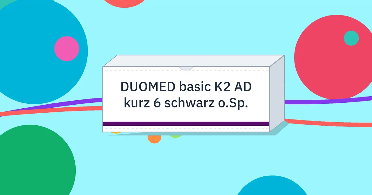 Symbolbild: Packung mit der Aufschrift DUOMED basic K2 AD kurz 6 schwarz o.Sp. (PZN 20907506) – Verfügbarkeit und Bezug in Apotheken in Frankfurt am Main