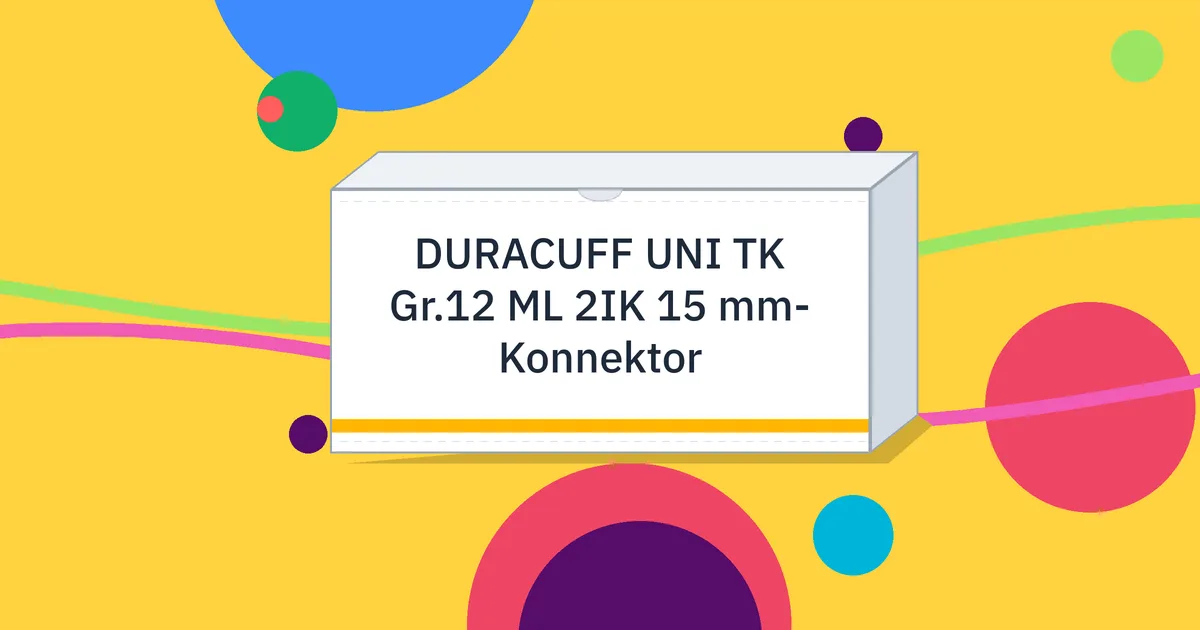 Symbolbild: Packung mit der Aufschrift DURACUFF UNI TK Gr.12 ML 2IK 15 mm-Konnektor (PZN 01222837) – Verfügbarkeit und Bezug in Apotheken in Frankfurt am Main
