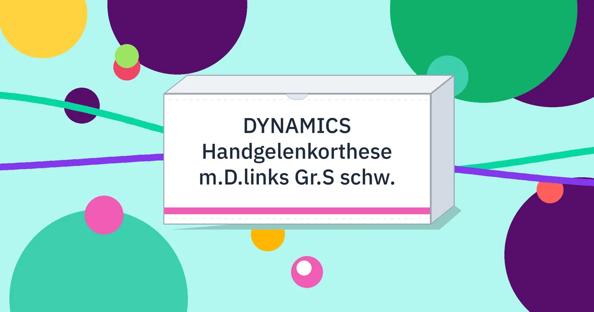 Symbolbild: Packung mit der Aufschrift DYNAMICS Handgelenkorthese m.D.links Gr.S schw. (PZN 10633203) – Verfügbarkeit und Bezug in Apotheken in Frankfurt am Main