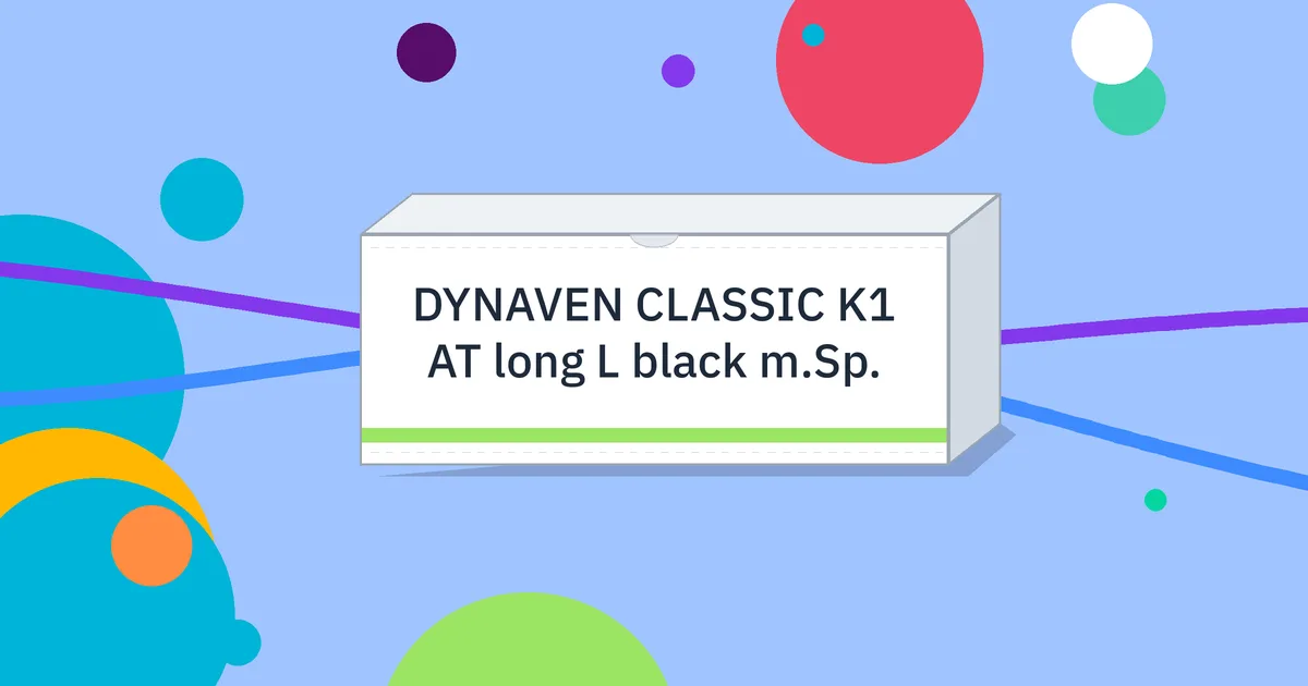 Symbolbild: Packung mit der Aufschrift DYNAVEN CLASSIC K1 AT long L black m.Sp. (PZN 18416267) – Verfügbarkeit und Bezug in Apotheken in Frankfurt am Main