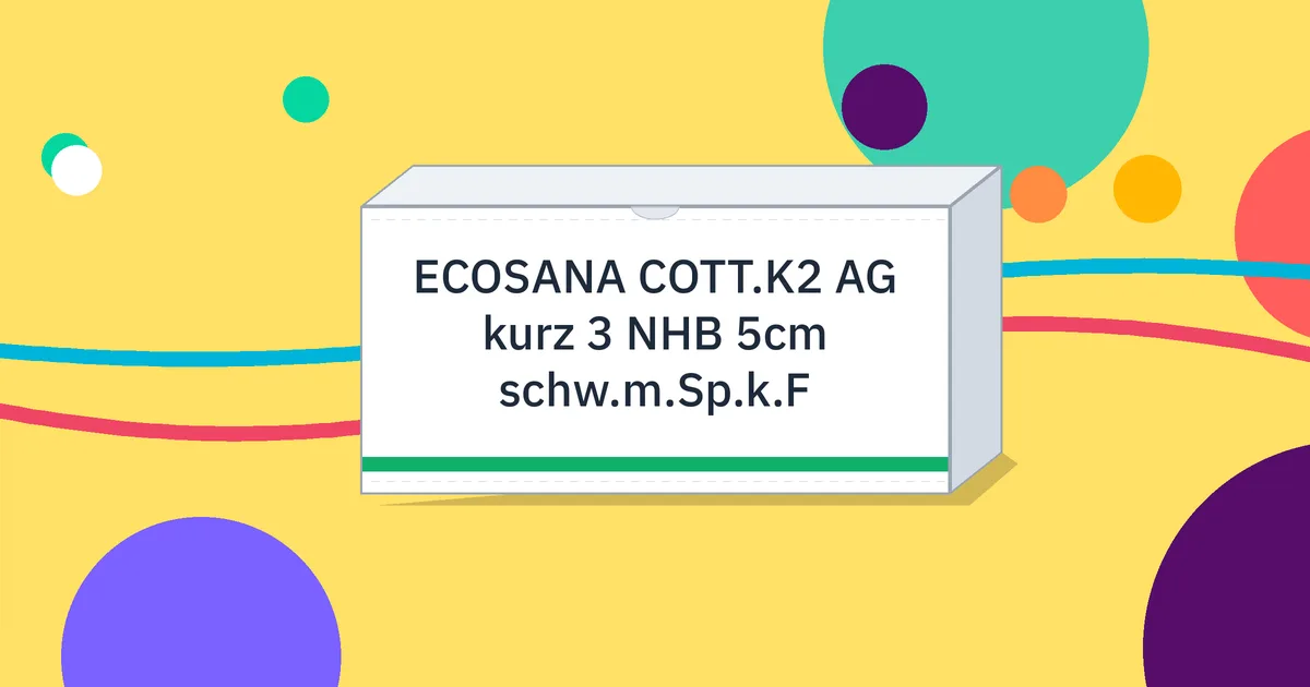 Symbolbild: Packung mit der Aufschrift ECOSANA COTT.K2 AG kurz 3 NHB 5cm schw.m.Sp.k.F (PZN 16949321) – Verfügbarkeit und Bezug in Apotheken in Frankfurt am Main
