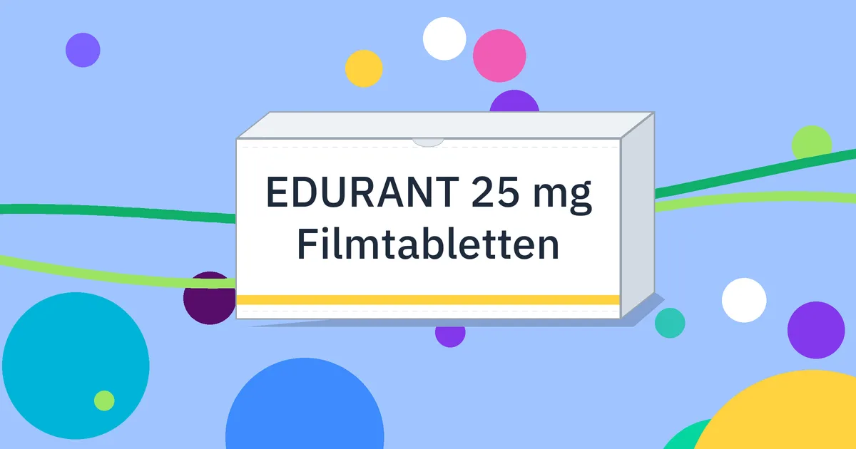 Symbolbild: Packung mit der Aufschrift EDURANT 25 mg Filmtabletten (PZN 10411690) – Verfügbarkeit und Bezug in Apotheken in Frankfurt am Main