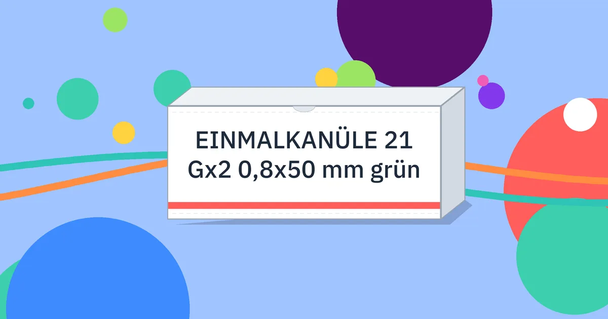 Symbolbild: Packung mit der Aufschrift EINMALKANÜLE 21 Gx2 0,8x50 mm grün (PZN 18717589) – Verfügbarkeit und Bezug in Apotheken in Frankfurt am Main
