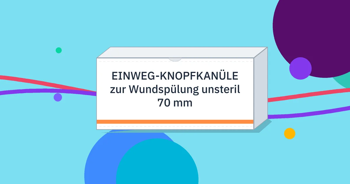 Symbolbild: Packung mit der Aufschrift EINWEG-KNOPFKANÜLE zur Wundspülung unsteril 70 mm (PZN 16956930) – Verfügbarkeit und Bezug in Apotheken in Frankfurt am Main