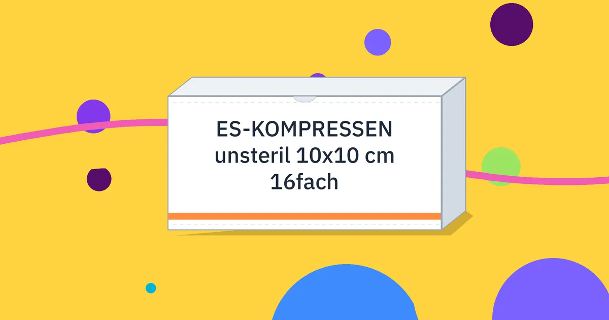 Symbolbild: Packung mit der Aufschrift ES-KOMPRESSEN unsteril 10x10 cm 16fach (PZN 16205218) – Verfügbarkeit und Bezug in Apotheken in Frankfurt am Main