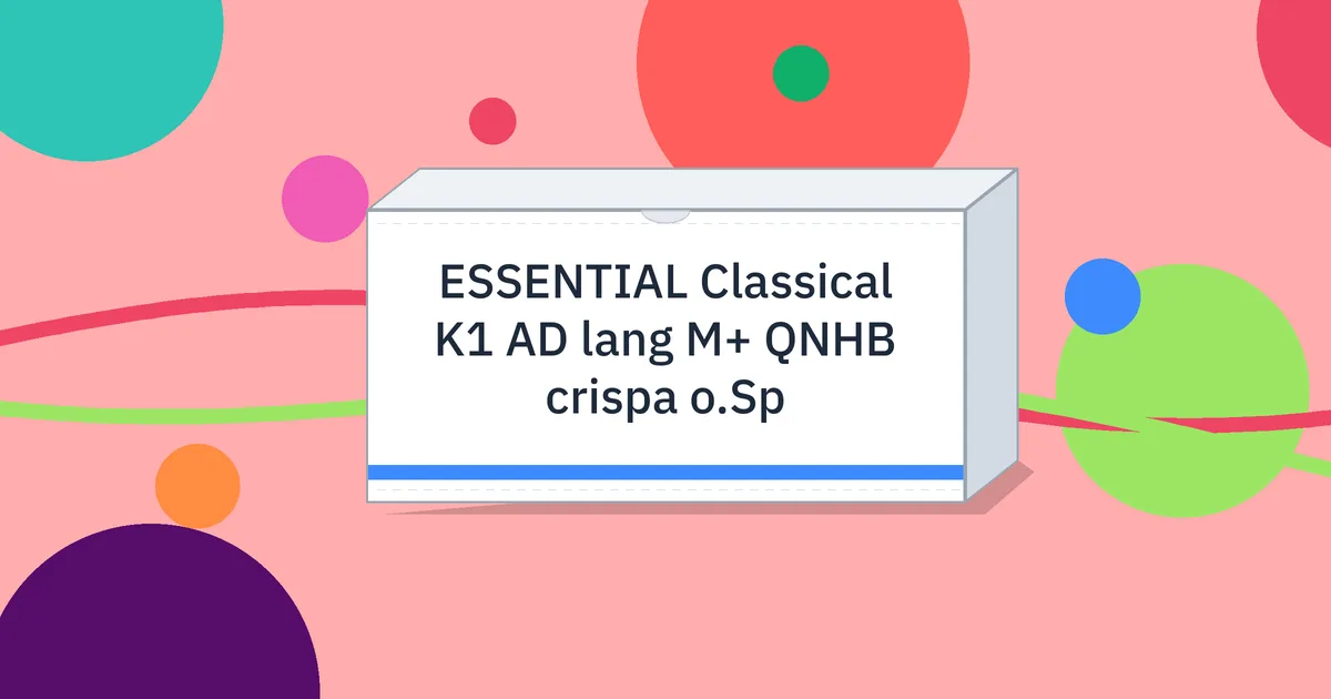 Symbolbild: Packung mit der Aufschrift ESSENTIAL Classical K1 AD lang M+ QNHB crispa o.Sp (PZN 18866473) – Verfügbarkeit und Bezug in Apotheken in Frankfurt am Main