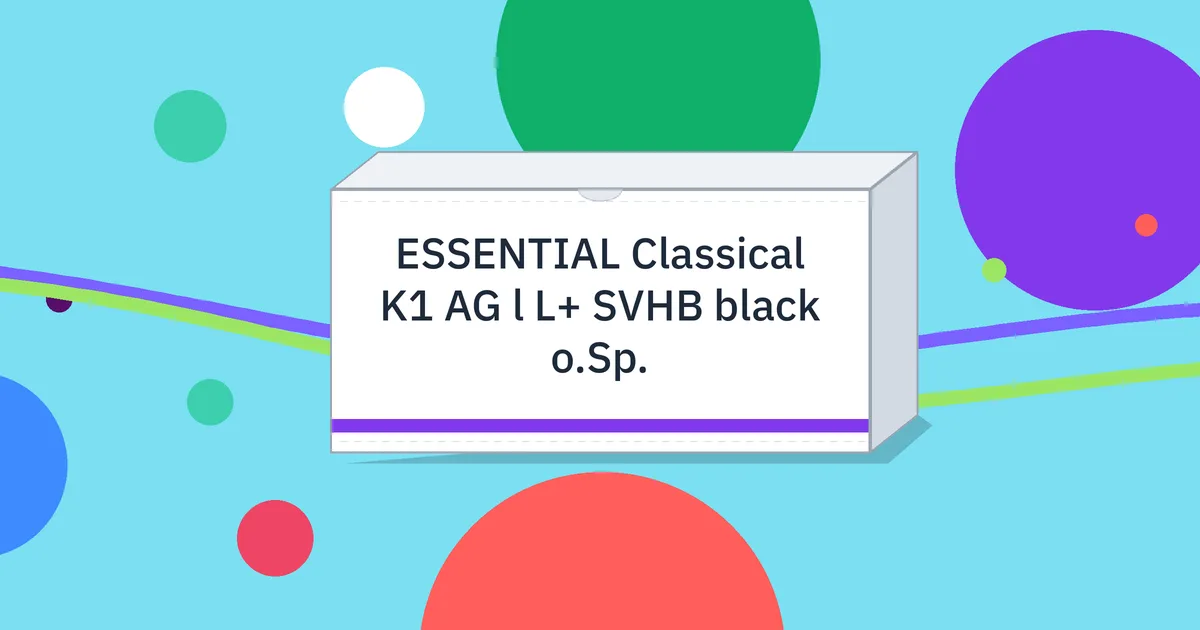 Symbolbild: Packung mit der Aufschrift ESSENTIAL Classical K1 AG l L+ SVHB black o.Sp. (PZN 18420613) – Verfügbarkeit und Bezug in Apotheken in Frankfurt am Main
