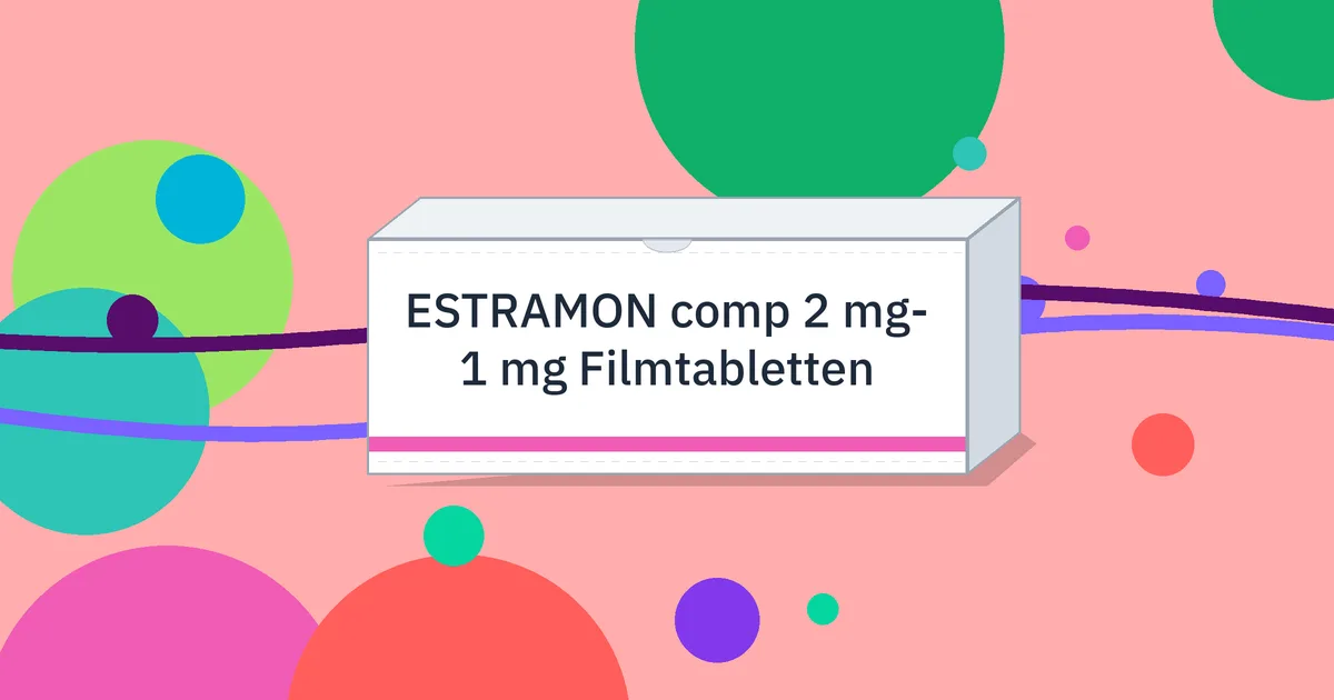 Symbolbild: Packung mit der Aufschrift ESTRAMON comp 2 mg-1 mg Filmtabletten (PZN 01888714) – Verfügbarkeit und Bezug in Apotheken in Frankfurt am Main