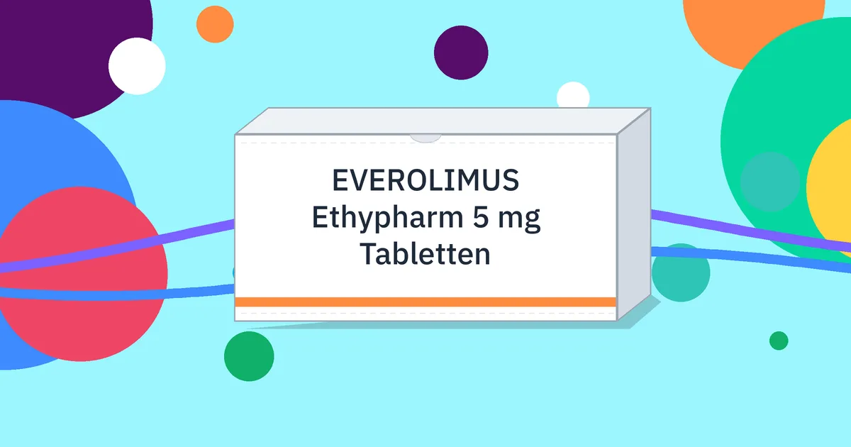 Symbolbild: Packung mit der Aufschrift EVEROLIMUS Ethypharm 5 mg Tabletten (PZN 17947117) – Verfügbarkeit und Bezug in Apotheken in Frankfurt am Main