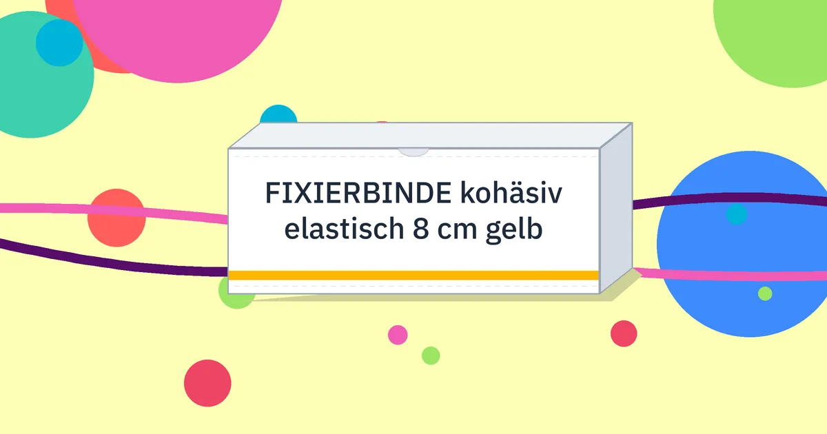 Symbolbild: Packung mit der Aufschrift FIXIERBINDE kohäsiv elastisch 8 cm gelb (PZN 03759748) – Verfügbarkeit und Bezug in Apotheken in Frankfurt am Main