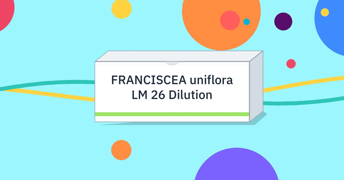 Symbolbild: Packung mit der Aufschrift FRANCISCEA uniflora LM 26 Dilution (PZN 13491270) – Verfügbarkeit und Bezug in Apotheken in Frankfurt am Main