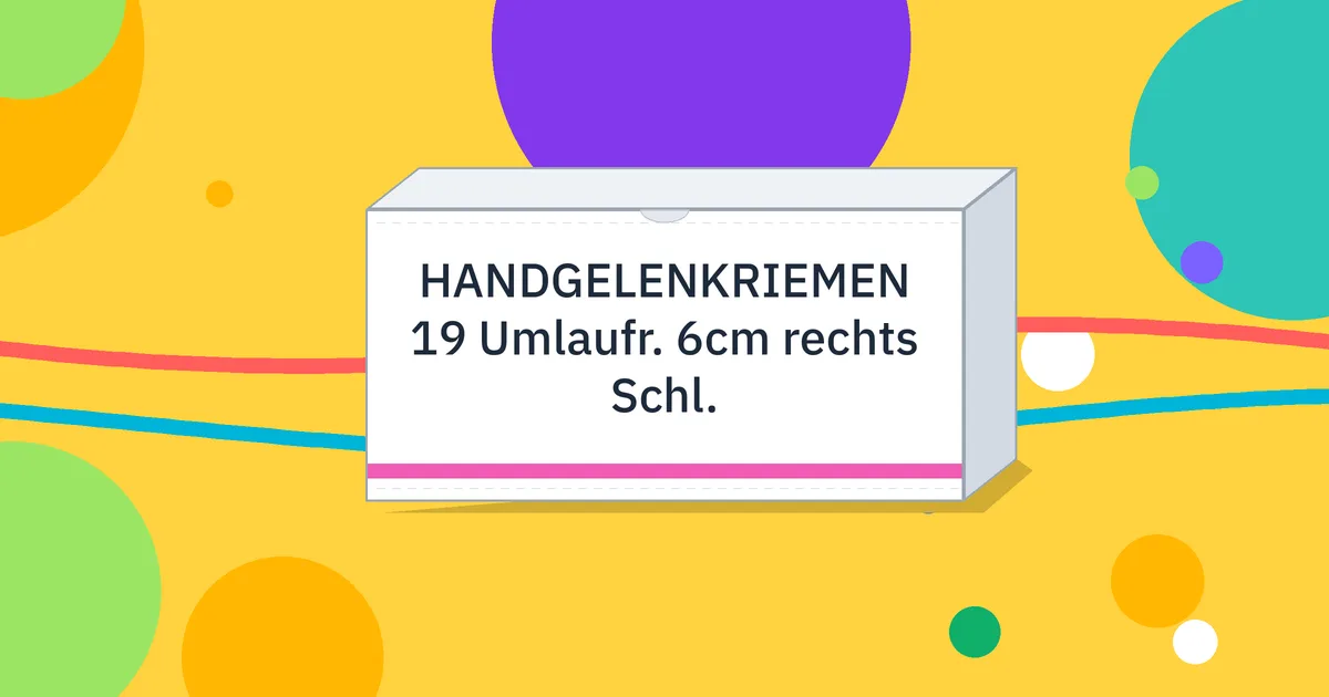 Symbolbild: Packung mit der Aufschrift HANDGELENKRIEMEN 19 Umlaufr. 6cm rechts Schl. (PZN 01962899) – Verfügbarkeit und Bezug in Apotheken in Frankfurt am Main