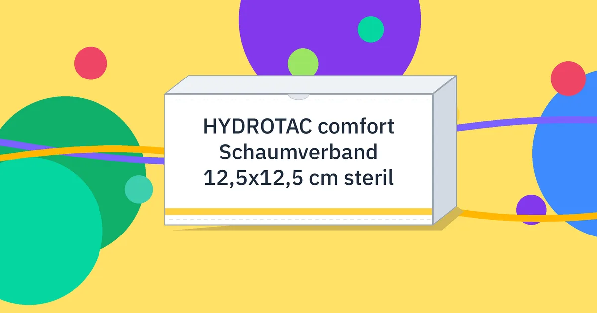 Symbolbild: Packung mit der Aufschrift HYDROTAC comfort Schaumverband 12,5x12,5 cm steril (PZN 03452688) – Verfügbarkeit und Bezug in Apotheken in Frankfurt am Main