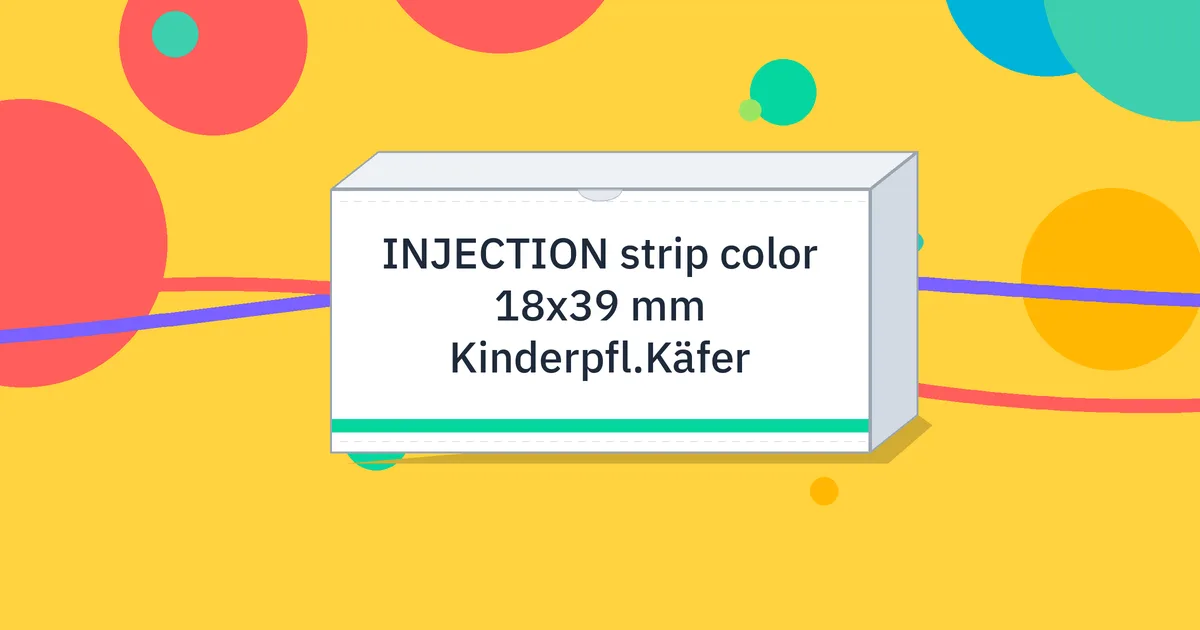 Symbolbild: Packung mit der Aufschrift INJECTION strip color 18x39 mm Kinderpfl.Käfer (PZN 20128481) – Verfügbarkeit und Bezug in Apotheken in Frankfurt am Main