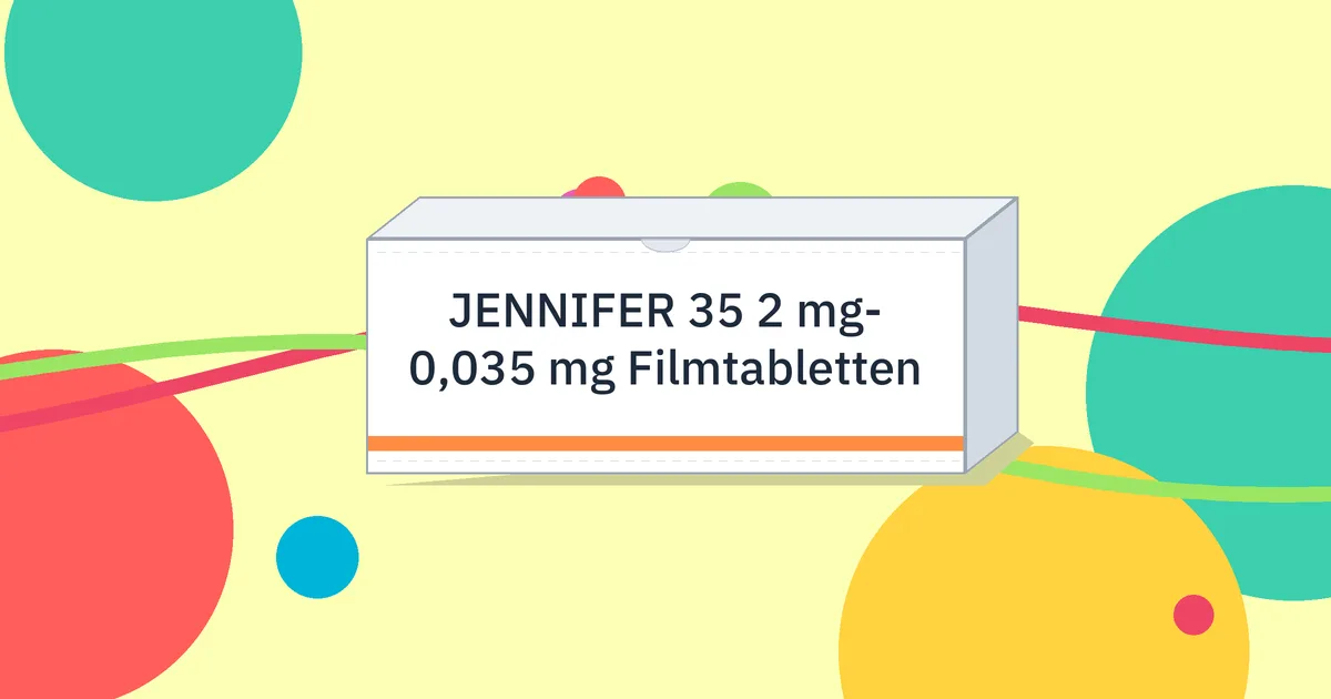 Symbolbild: Packung mit der Aufschrift JENNIFER 35 2 mg-0,035 mg Filmtabletten (PZN 00086125) – Verfügbarkeit und Bezug in Apotheken in Frankfurt am Main