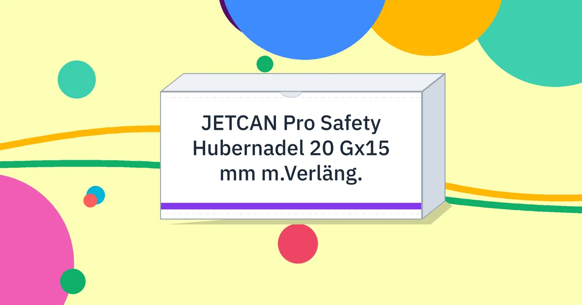 Symbolbild: Packung mit der Aufschrift JETCAN Pro Safety Hubernadel 20 Gx15 mm m.Verläng. (PZN 19238810) – Verfügbarkeit und Bezug in Apotheken in Frankfurt am Main