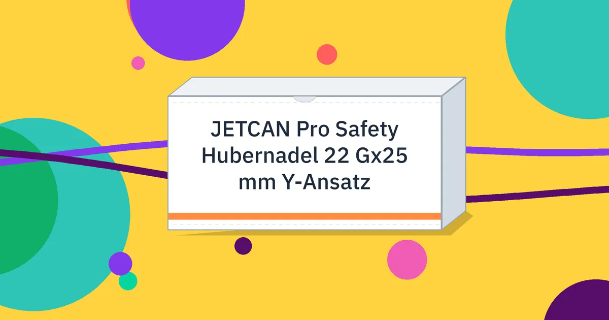 Symbolbild: Packung mit der Aufschrift JETCAN Pro Safety Hubernadel 22 Gx25 mm Y-Ansatz (PZN 19238690) – Verfügbarkeit und Bezug in Apotheken in Frankfurt am Main