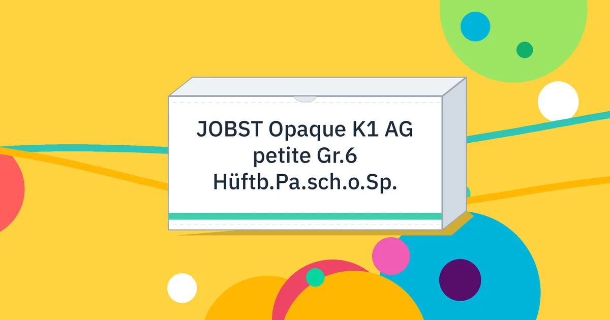 Symbolbild: Packung mit der Aufschrift JOBST Opaque K1 AG petite Gr.6 Hüftb.Pa.sch.o.Sp. (PZN 13098897) – Verfügbarkeit und Bezug in Apotheken in Frankfurt am Main