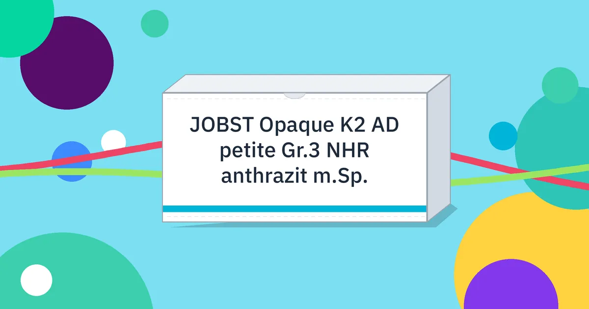 Symbolbild: Packung mit der Aufschrift JOBST Opaque K2 AD petite Gr.3 NHR anthrazit m.Sp. (PZN 16279487) – Verfügbarkeit und Bezug in Apotheken in Frankfurt am Main
