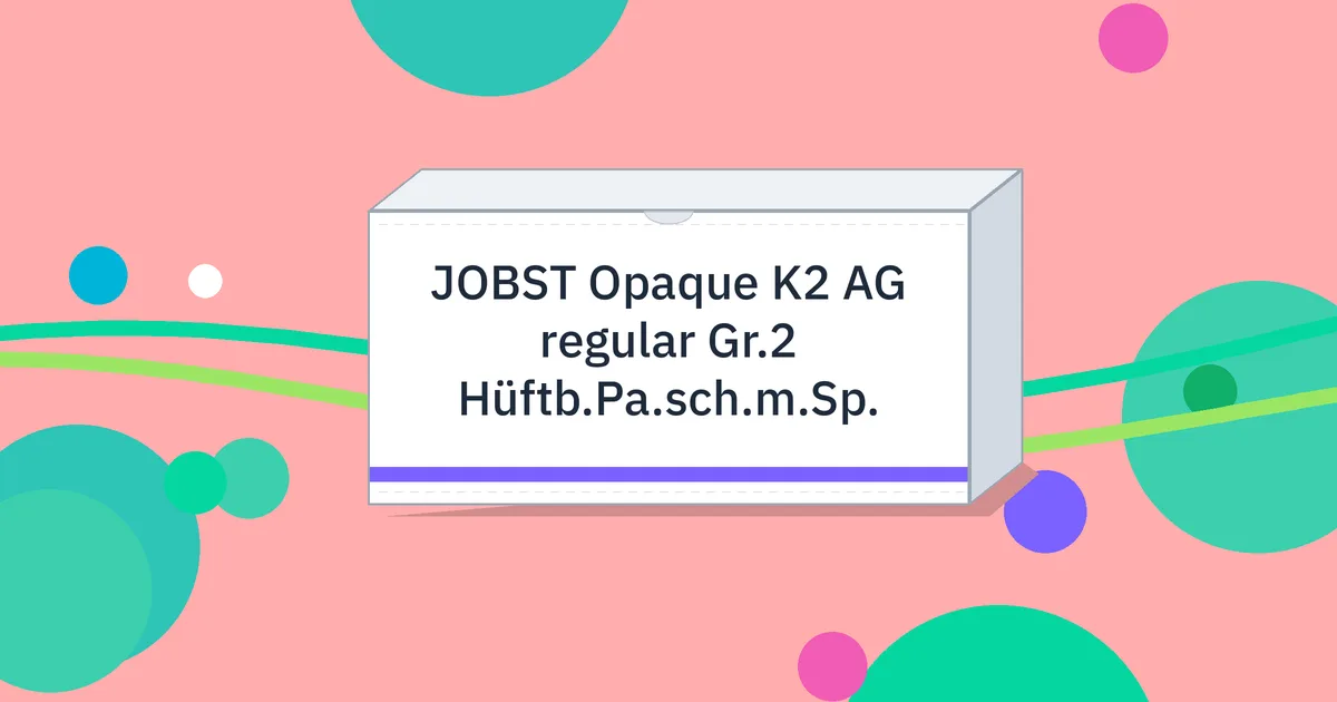 Symbolbild: Packung mit der Aufschrift JOBST Opaque K2 AG regular Gr.2 Hüftb.Pa.sch.m.Sp. (PZN 13116655) – Verfügbarkeit und Bezug in Apotheken in Frankfurt am Main