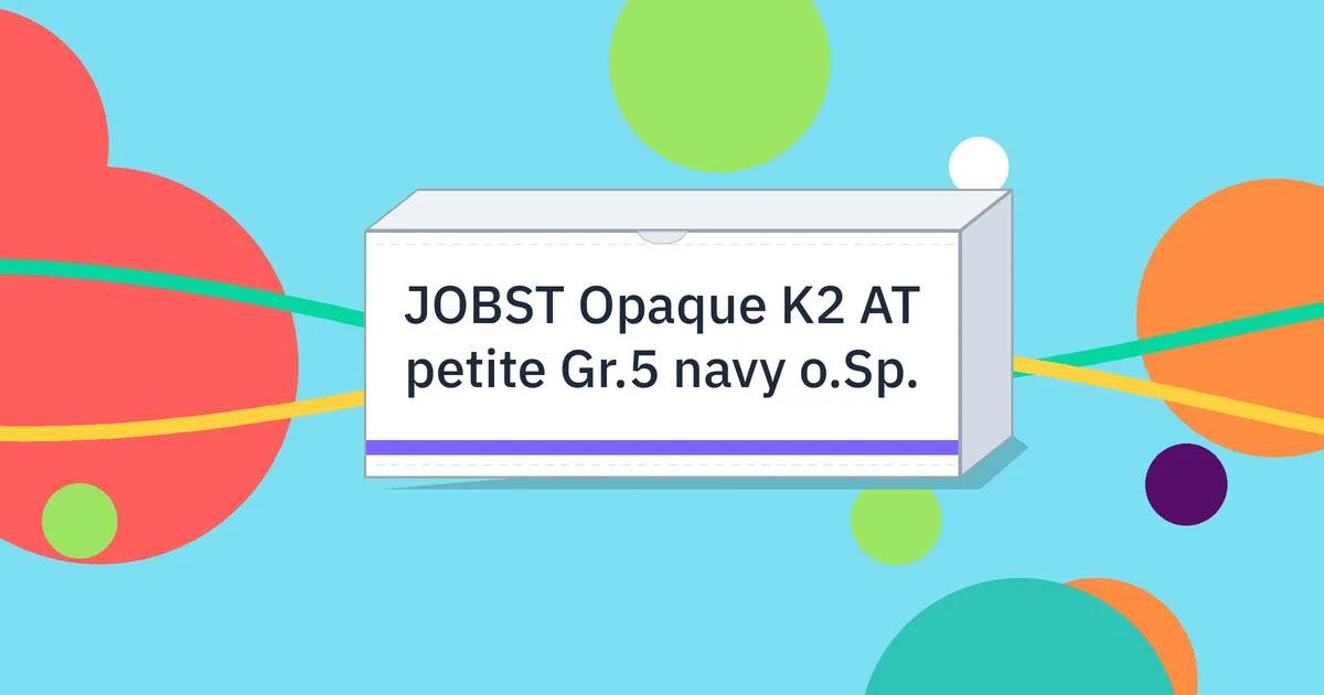 Symbolbild: Packung mit der Aufschrift JOBST Opaque K2 AT petite Gr.5 navy o.Sp. (PZN 13119754) – Verfügbarkeit und Bezug in Apotheken in Frankfurt am Main
