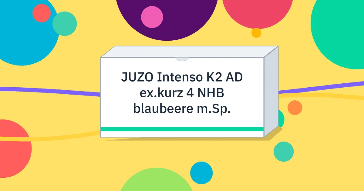 Symbolbild: Packung mit der Aufschrift JUZO Intenso K2 AD ex.kurz 4 NHB blaubeere m.Sp. (PZN 18611655) – Verfügbarkeit und Bezug in Apotheken in Frankfurt am Main