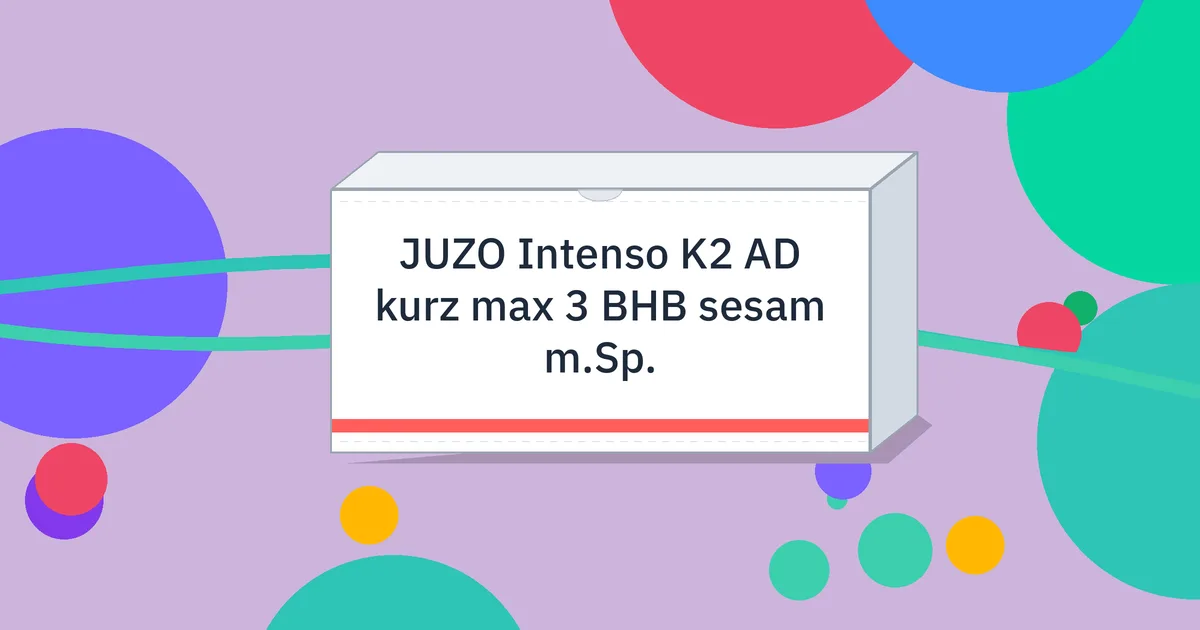 Symbolbild: Packung mit der Aufschrift JUZO Intenso K2 AD kurz max 3 BHB sesam m.Sp. (PZN 18615682) – Verfügbarkeit und Bezug in Apotheken in Frankfurt am Main