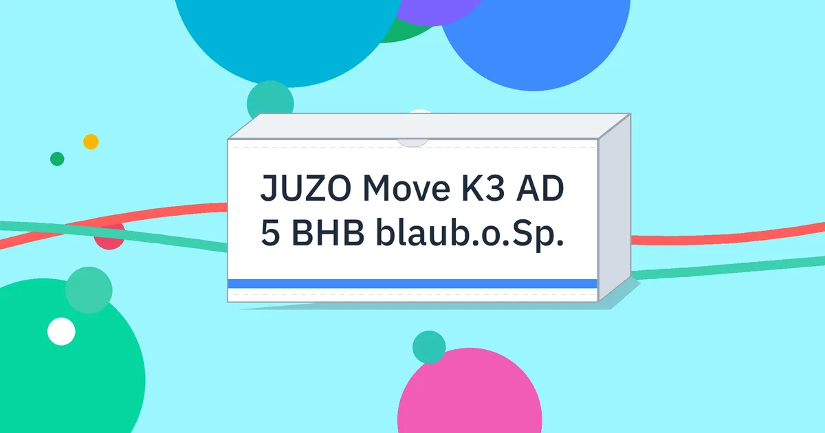 Symbolbild: Packung mit der Aufschrift JUZO Move K3 AD 5 BHB blaub.o.Sp. (PZN 18571602) – Verfügbarkeit und Bezug in Apotheken in Frankfurt am Main