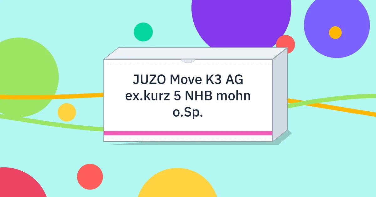 Symbolbild: Packung mit der Aufschrift JUZO Move K3 AG ex.kurz 5 NHB mohn o.Sp. (PZN 18597027) – Verfügbarkeit und Bezug in Apotheken in Frankfurt am Main