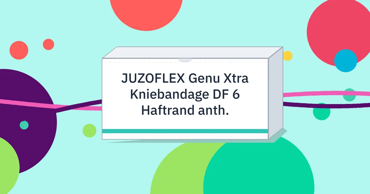 Symbolbild: Packung mit der Aufschrift JUZOFLEX Genu Xtra Kniebandage DF 6 Haftrand anth. (PZN 16497468) – Verfügbarkeit und Bezug in Apotheken in Frankfurt am Main