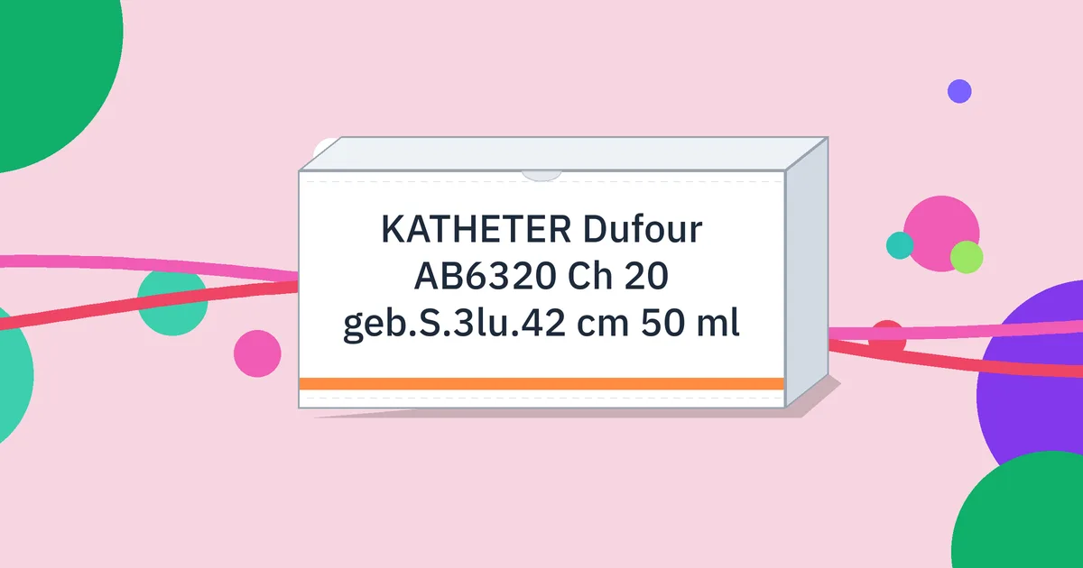 Symbolbild: Packung mit der Aufschrift KATHETER Dufour AB6320 Ch 20 geb.S.3lu.42 cm 50 ml (PZN 00152922) – Verfügbarkeit und Bezug in Apotheken in Frankfurt am Main