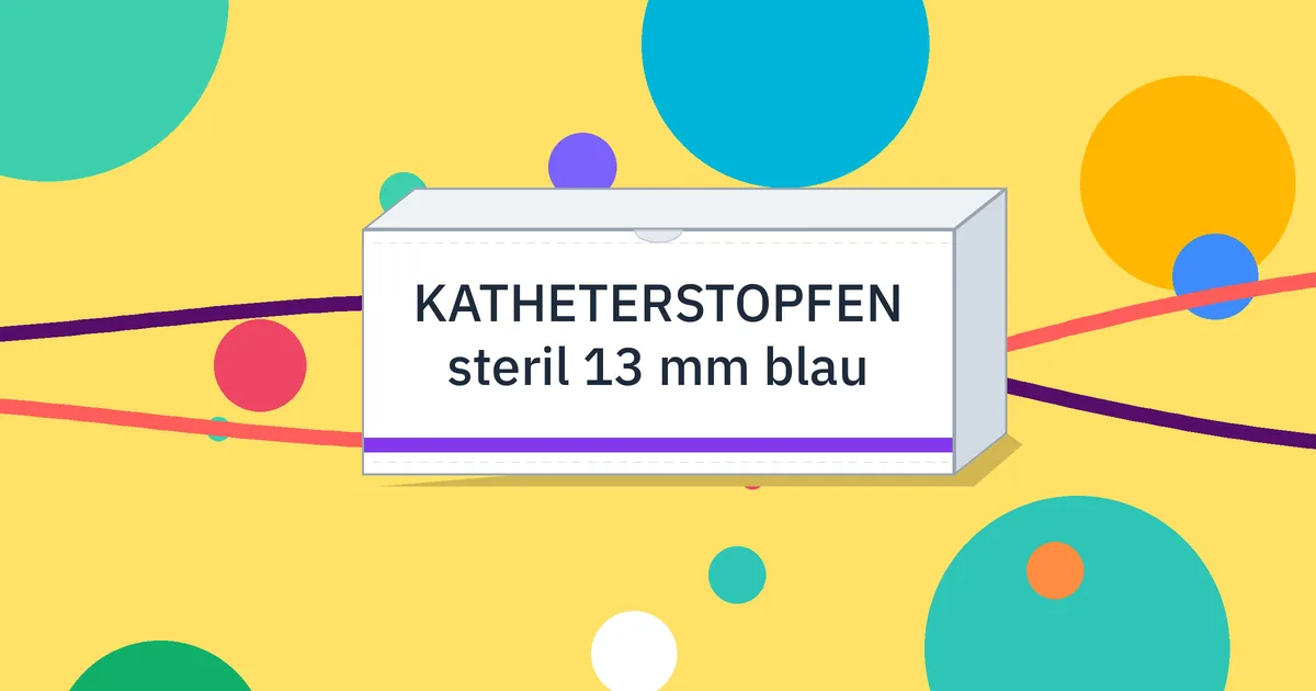 Symbolbild: Packung mit der Aufschrift KATHETERSTOPFEN steril 13 mm blau (PZN 13197949) – Verfügbarkeit und Bezug in Apotheken in Frankfurt am Main