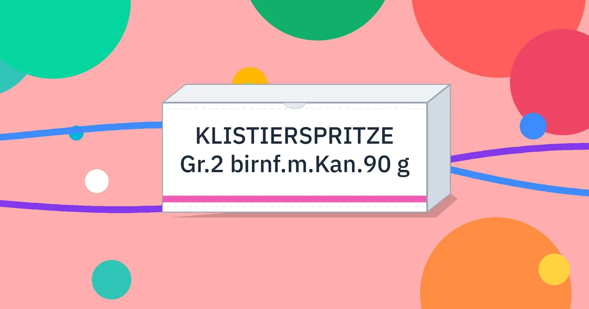 Symbolbild: Packung mit der Aufschrift KLISTIERSPRITZE Gr.2 birnf.m.Kan.90 g (PZN 03186465) – Verfügbarkeit und Bezug in Apotheken in Frankfurt am Main
