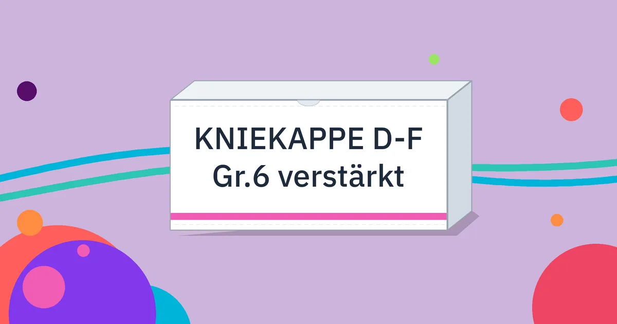 Symbolbild: Packung mit der Aufschrift KNIEKAPPE D-F Gr.6 verstärkt (PZN 02444882) – Verfügbarkeit und Bezug in Apotheken in Frankfurt am Main