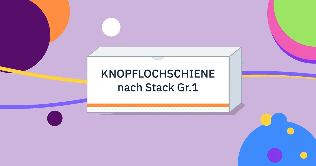 Symbolbild: Packung mit der Aufschrift KNOPFLOCHSCHIENE nach Stack Gr.1 (PZN 07007927) – Verfügbarkeit und Bezug in Apotheken in Frankfurt am Main