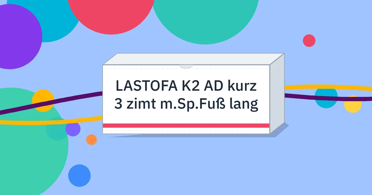Symbolbild: Packung mit der Aufschrift LASTOFA K2 AD kurz 3 zimt m.Sp.Fuß lang (PZN 13800245) – Verfügbarkeit und Bezug in Apotheken in Frankfurt am Main