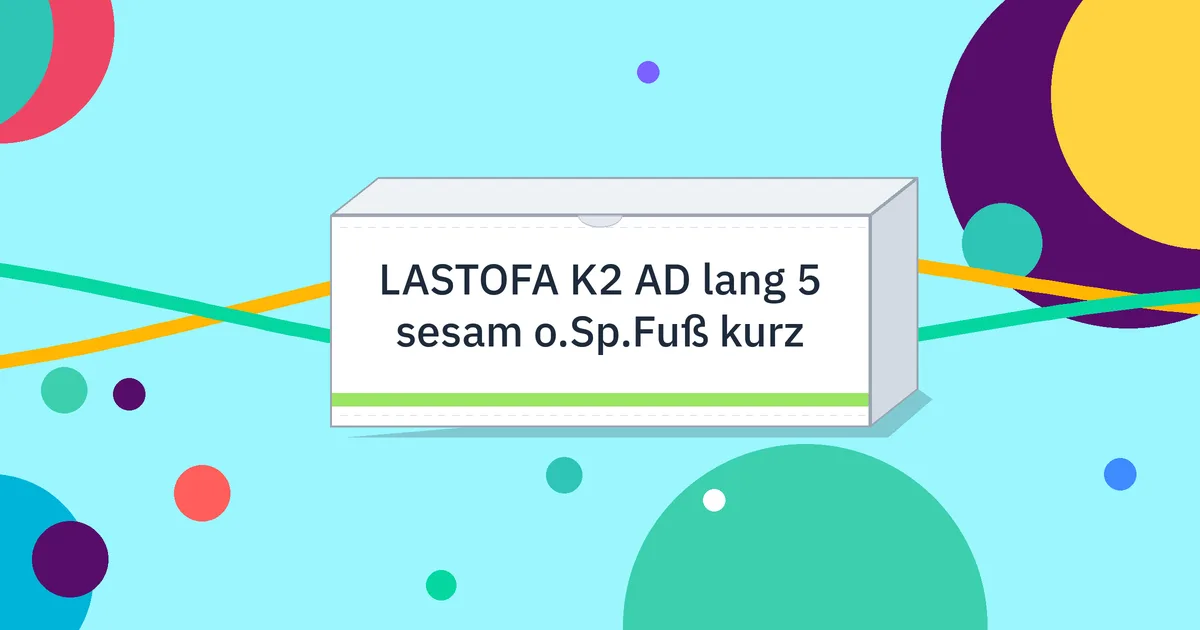 Symbolbild: Packung mit der Aufschrift LASTOFA K2 AD lang 5 sesam o.Sp.Fuß kurz (PZN 13801078) – Verfügbarkeit und Bezug in Apotheken in Frankfurt am Main