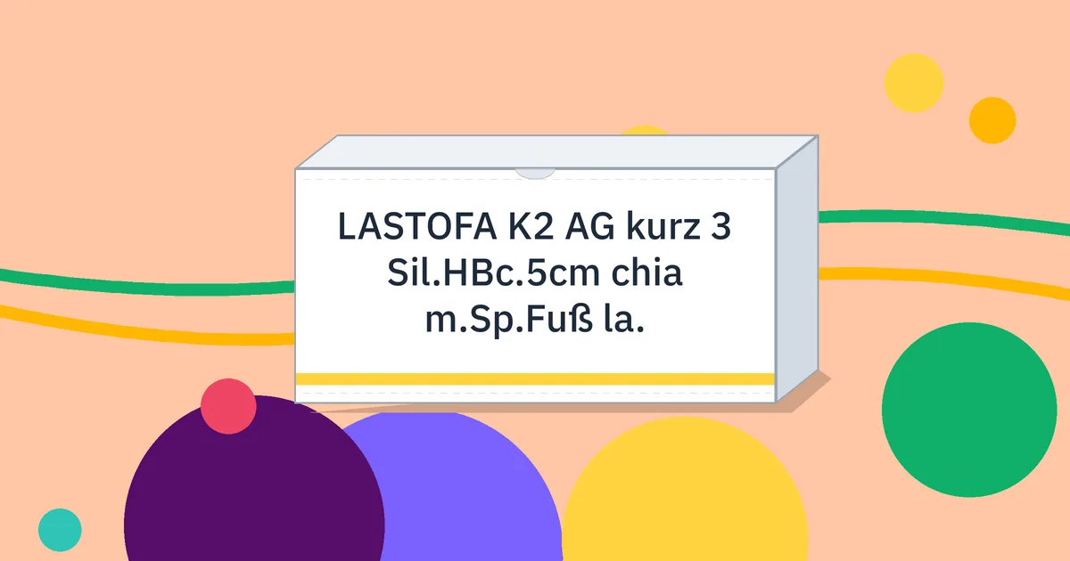 Symbolbild: Packung mit der Aufschrift LASTOFA K2 AG kurz 3 Sil.HBc.5cm chia m.Sp.Fuß la. (PZN 13803930) – Verfügbarkeit und Bezug in Apotheken in Frankfurt am Main