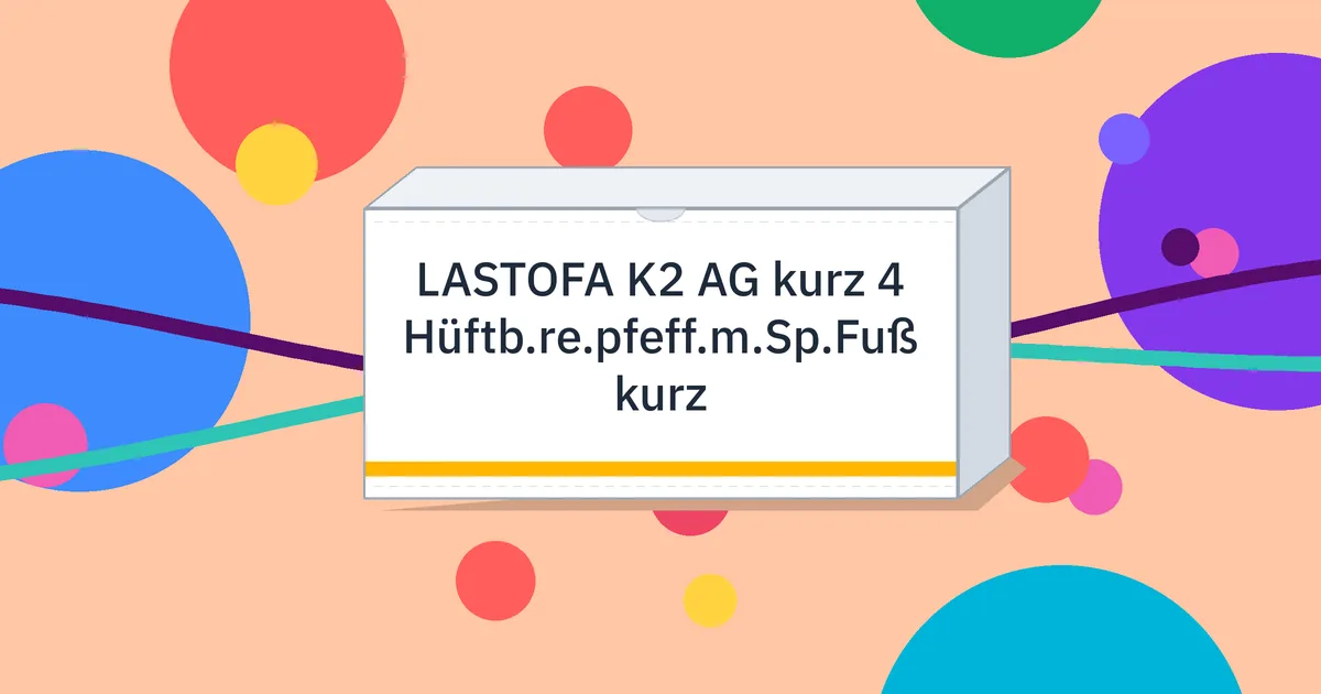 Symbolbild: Packung mit der Aufschrift LASTOFA K2 AG kurz 4 Hüftb.re.pfeff.m.Sp.Fuß kurz (PZN 13811740) – Verfügbarkeit und Bezug in Apotheken in Frankfurt am Main