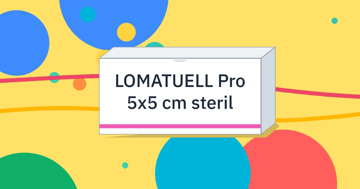 Symbolbild: Packung mit der Aufschrift LOMATUELL Pro 5x5 cm steril (PZN 11070110) – Verfügbarkeit und Bezug in Apotheken in Frankfurt am Main