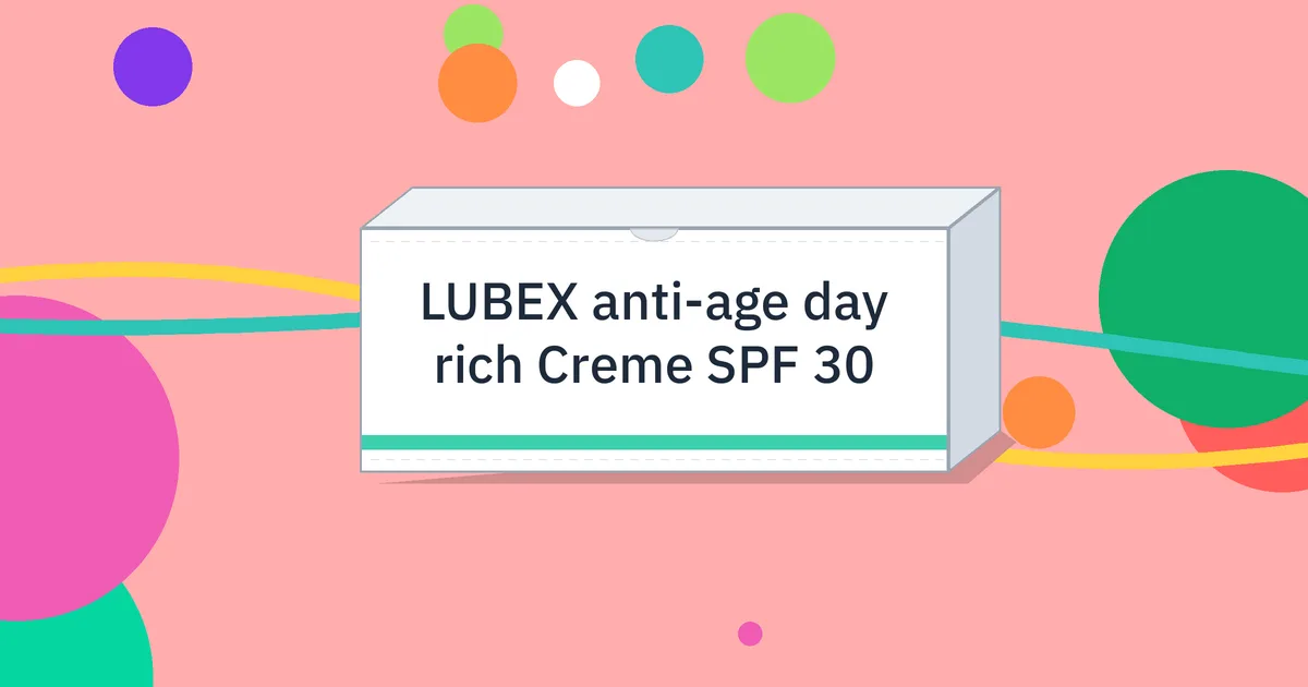 Symbolbild: Packung mit der Aufschrift LUBEX anti-age day rich Creme SPF 30 (PZN 17439881) – Verfügbarkeit und Bezug in Apotheken in Frankfurt am Main